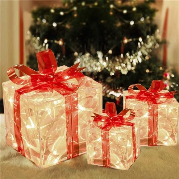 Holiday | Set Of 3 Christmas 6 Led Lighted Gift Boxes Transparent Warm ...